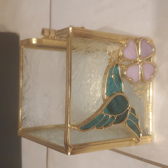 Office | Vintage Brass Stained Glass Hummingbird Paper Pen Holder Cube ...